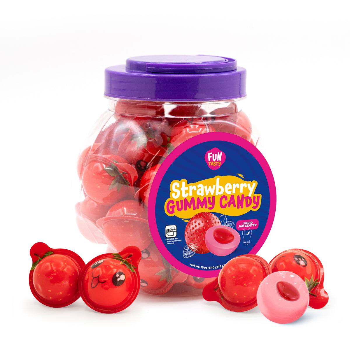 Funtasty Strawberry Gummy Balls Candy with Jam Center, 19-Ounce Jar (3 ...