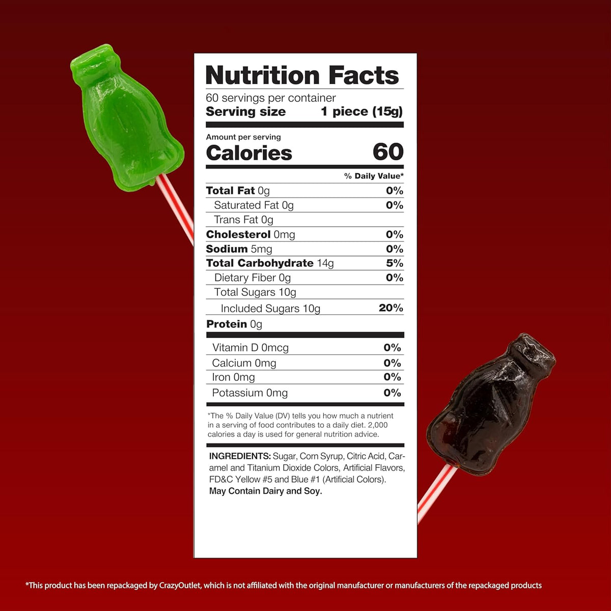 Cola Bottles-Shaped Lollipops Candy, Cola Flavor in Green and Red Wrap ...